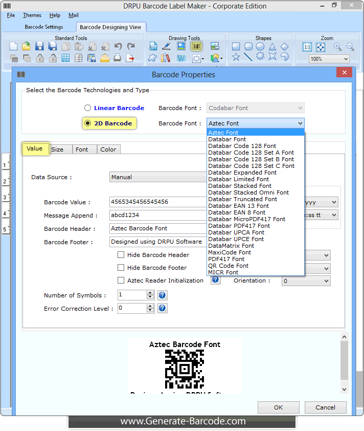 Design and print Aztec 2D barcode font – Generate-Barcode.com