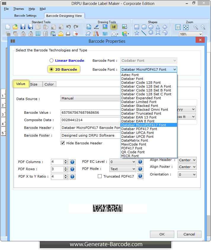 Print Created Databar Micropdf417 Barcode Font Generate