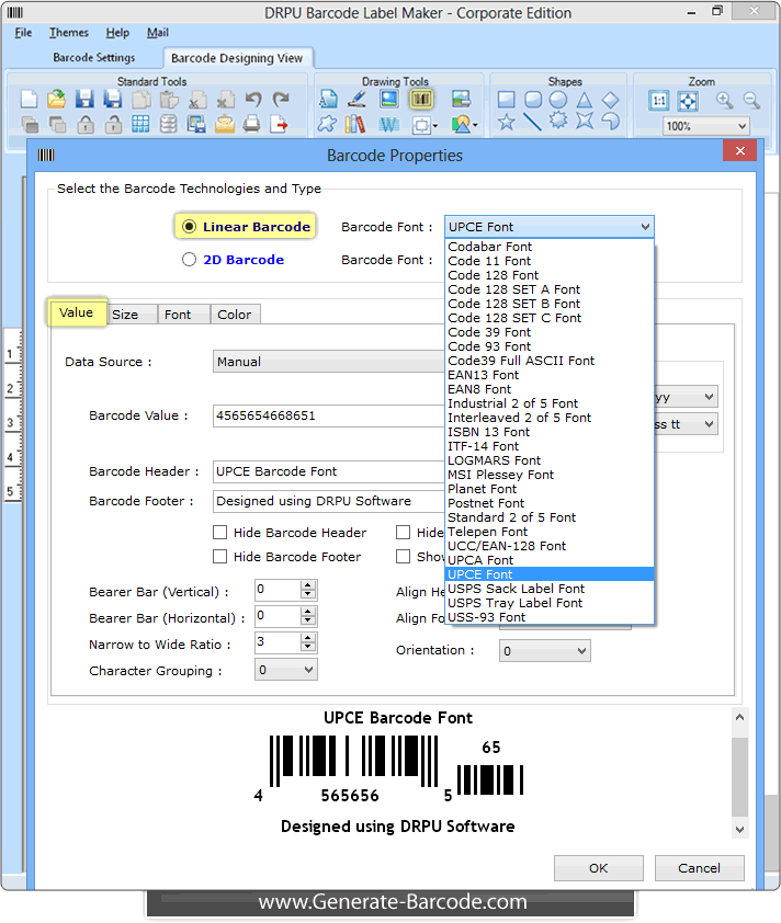 Generate Upce Barcode Linear Font With Designing View Generate